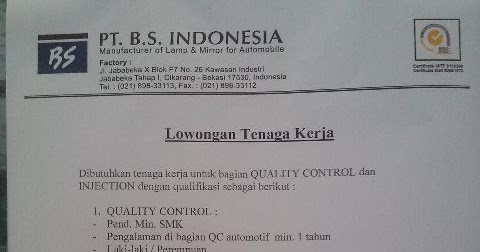 Lowongan Kerja PT. B.S Indonesia - Info Loker Karawang
