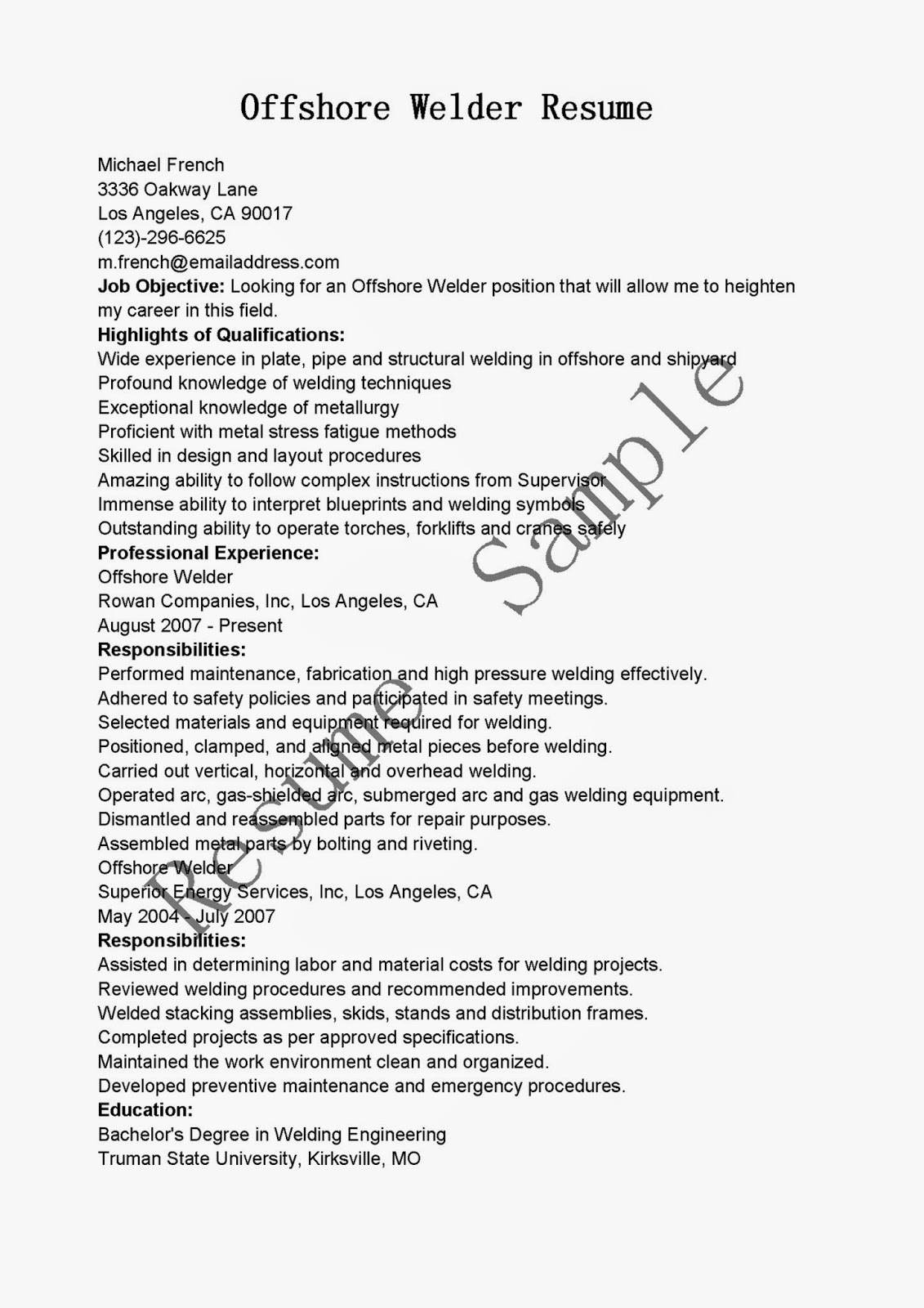 Resume Samples: Offshore Welder Resume Sample