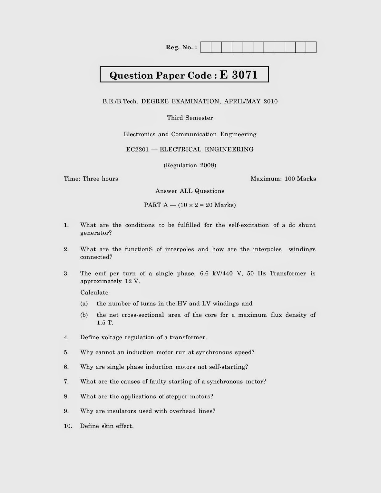 EC 2201 - Electrical Engineering [New Code: EE 6352], Anna University B ...