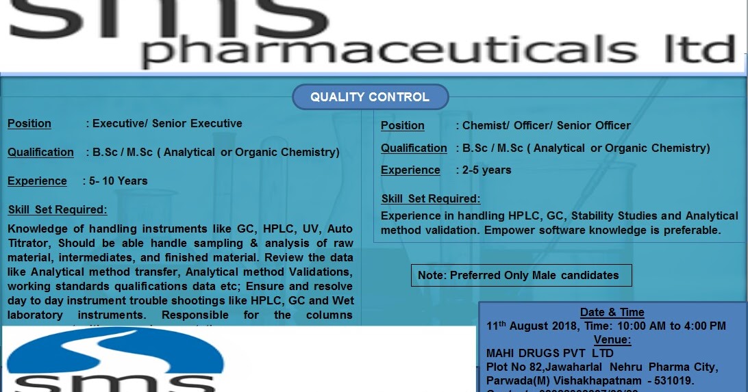 SMS PHARMACEUTICALS LTD - Walk-In Drive for Quality Control on 11th ...