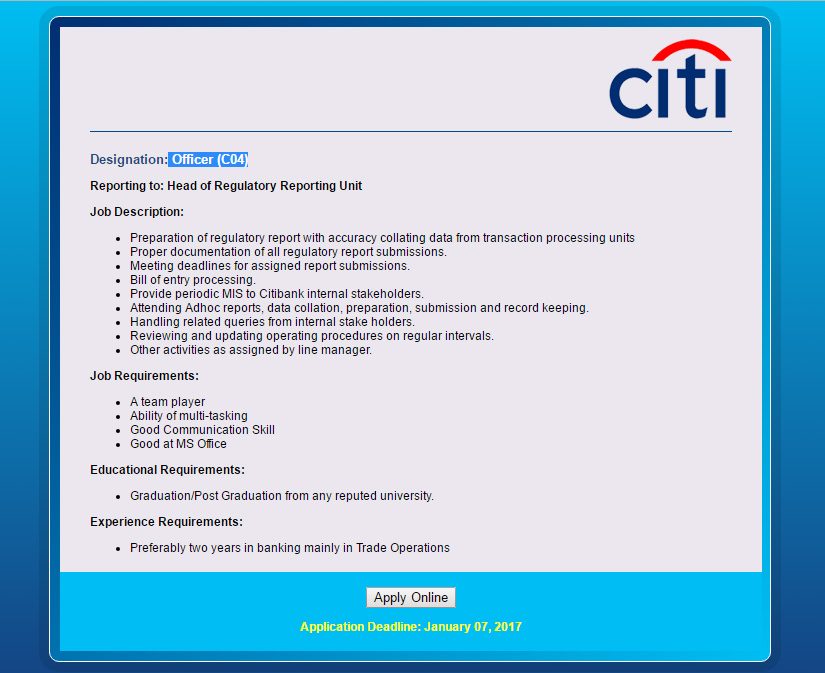 Citibank, N.A. - Position: Officer (C04) - Jobs Circular 2017