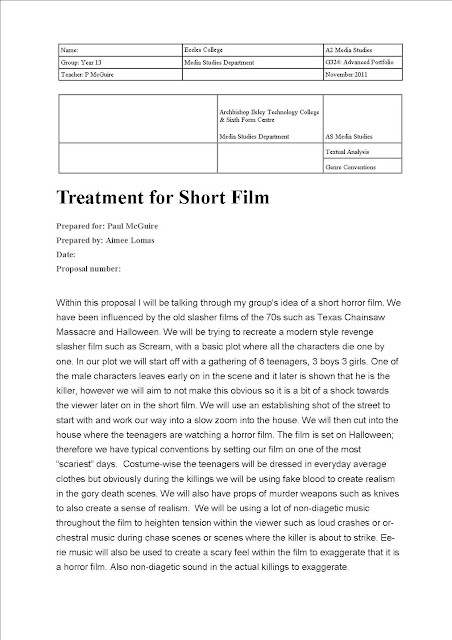 A2 Advanced Portfolio: Short Film Treatment-Aimee Lomas