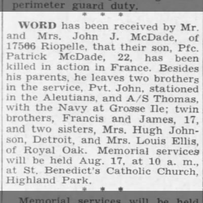 116th Infantry Regiment Roll of Honor: PFC Patrick McDade