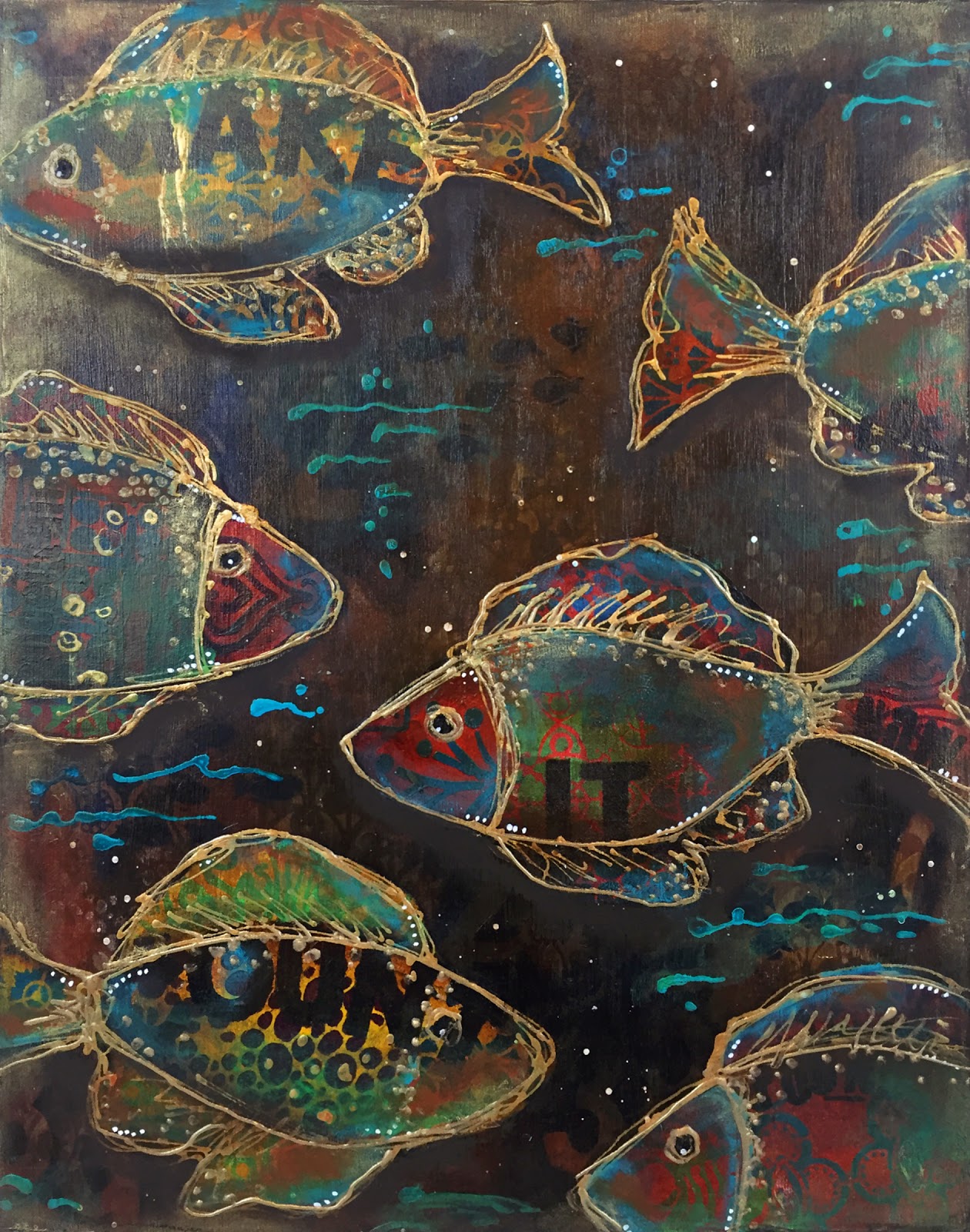 StencilGirl Talk: Gwen's Gems: One Fish, Two Fish Mixed Media Painting