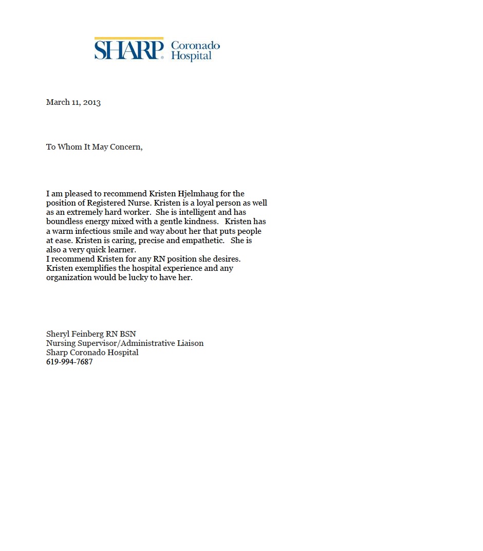 Kristen Hjelmhaug RN, BSN Portfolio: Letters of Recommendation