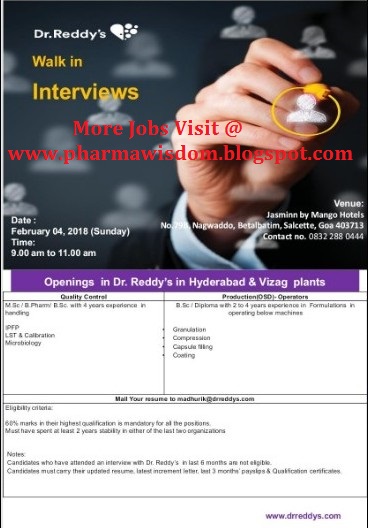 Dr.Reddy's - Walk-In Interviews on 4th February, 2018 @ GOA - PHARMA WISDOM