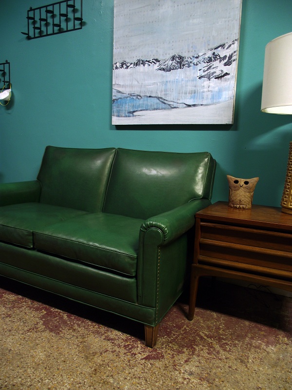 Vintage Ground: Retro / Mid Century "Lawn Green" Naugahyde Sofa