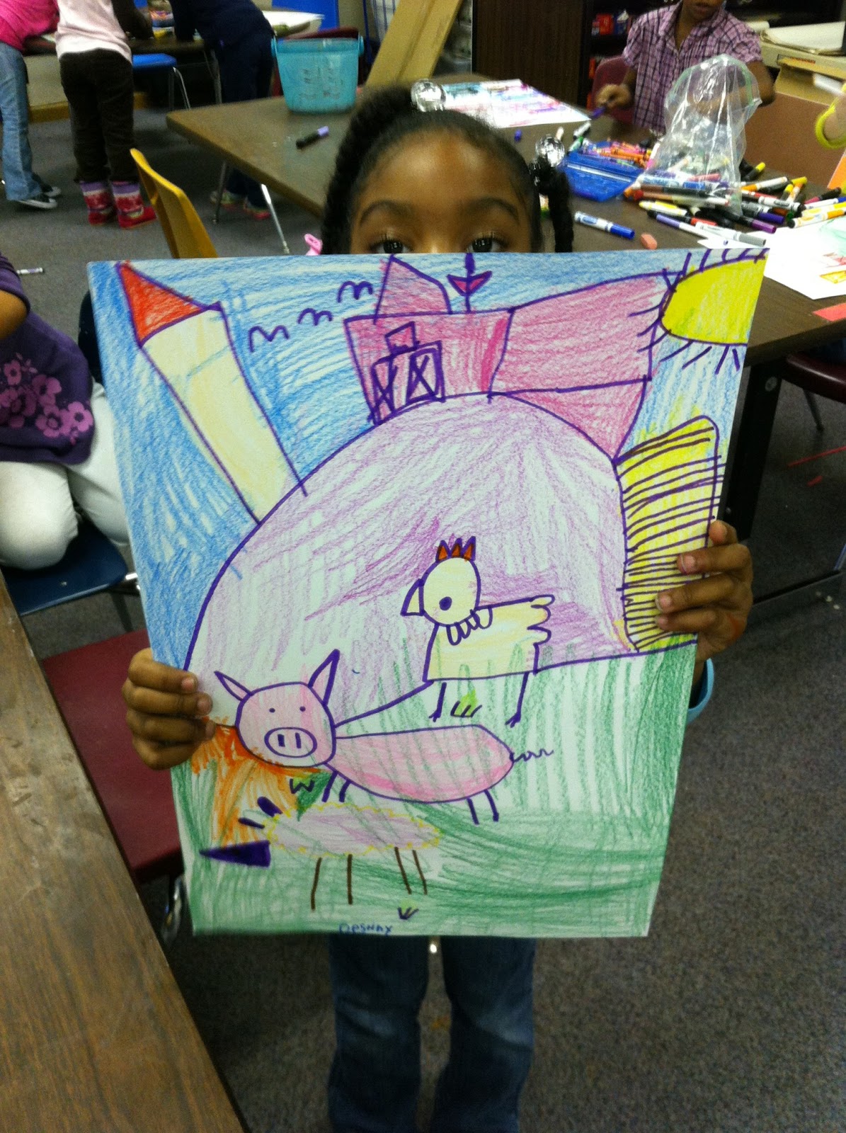 Primary Art: Kindergarten directed line farm drawing