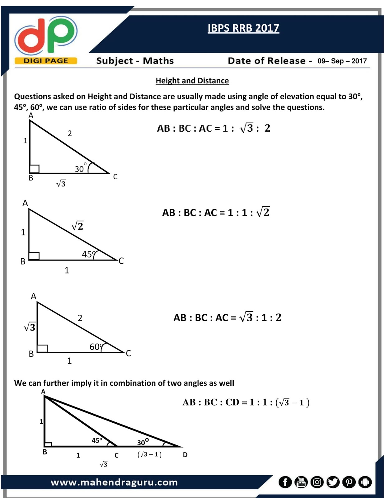 DP | Height And Distance for SSC CGL | 09 - September - 17