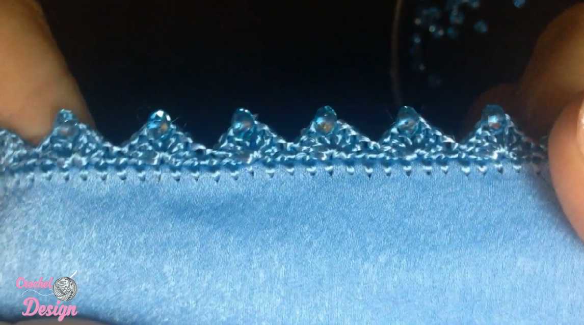 Crochet Design: How to make fancy crochet edging with beads on fabric