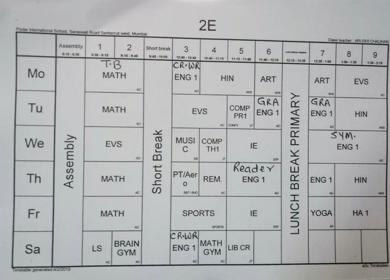 STARS OF PIS AHMEDABAD STD II: TIMETABLE OF CLASS 2 - ALL SECTIONS