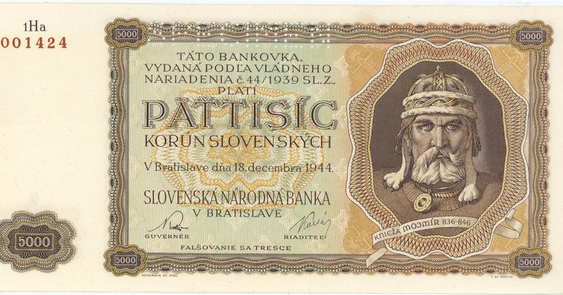 Slovakian banknotes 5000 Slovak Koruna banknote of 1944 Mojmír I|World ...