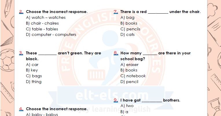 Singular and plural nouns multiple choice test | www.elt-els.com