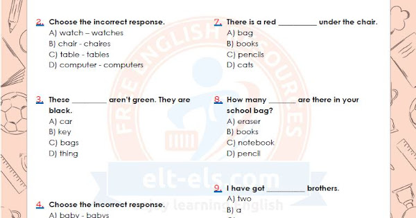 Singular and plural nouns multiple choice test | www.elt-els.com