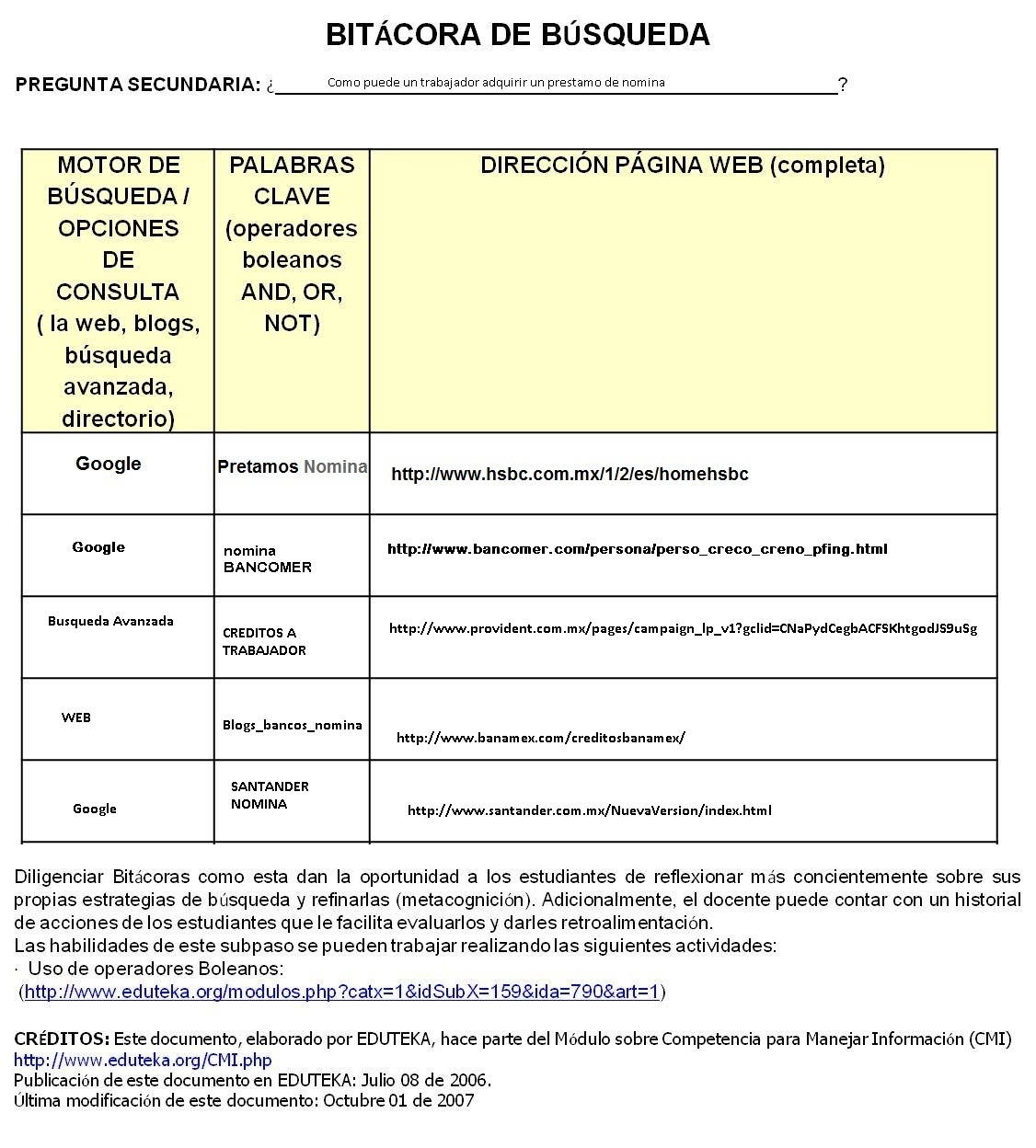PROYECTO: BITACORAS DE BUSQUEDA CREDITO NOMINA BANCOMER