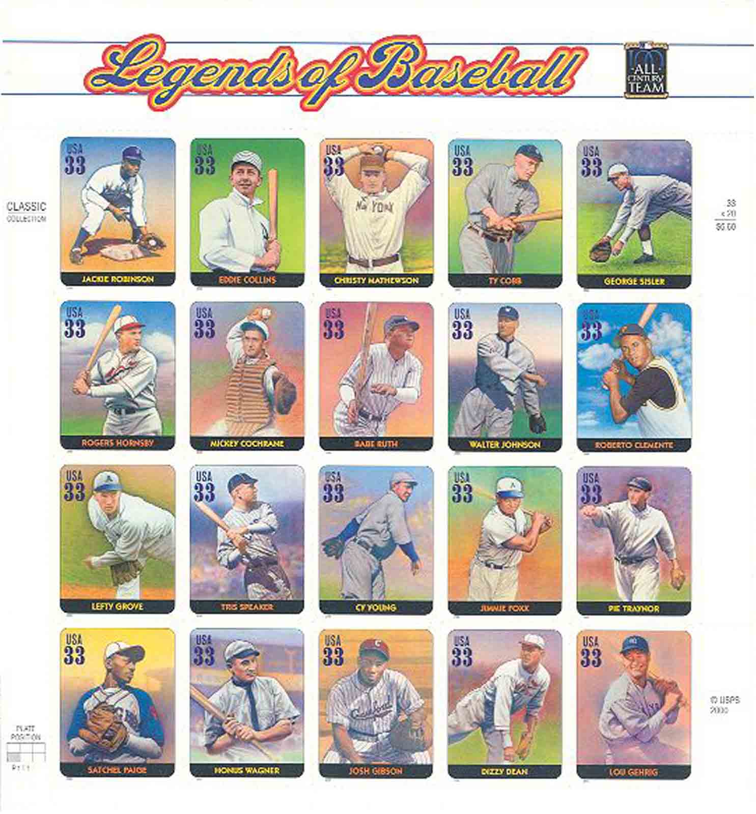 Baseball Stamps & Postmarks: Legends of Baseball : All-Century Team - 2000