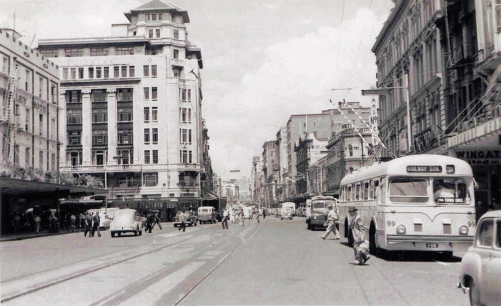 transpress nz: trolleybus in lower Queen Street, Auckland, late 1950s