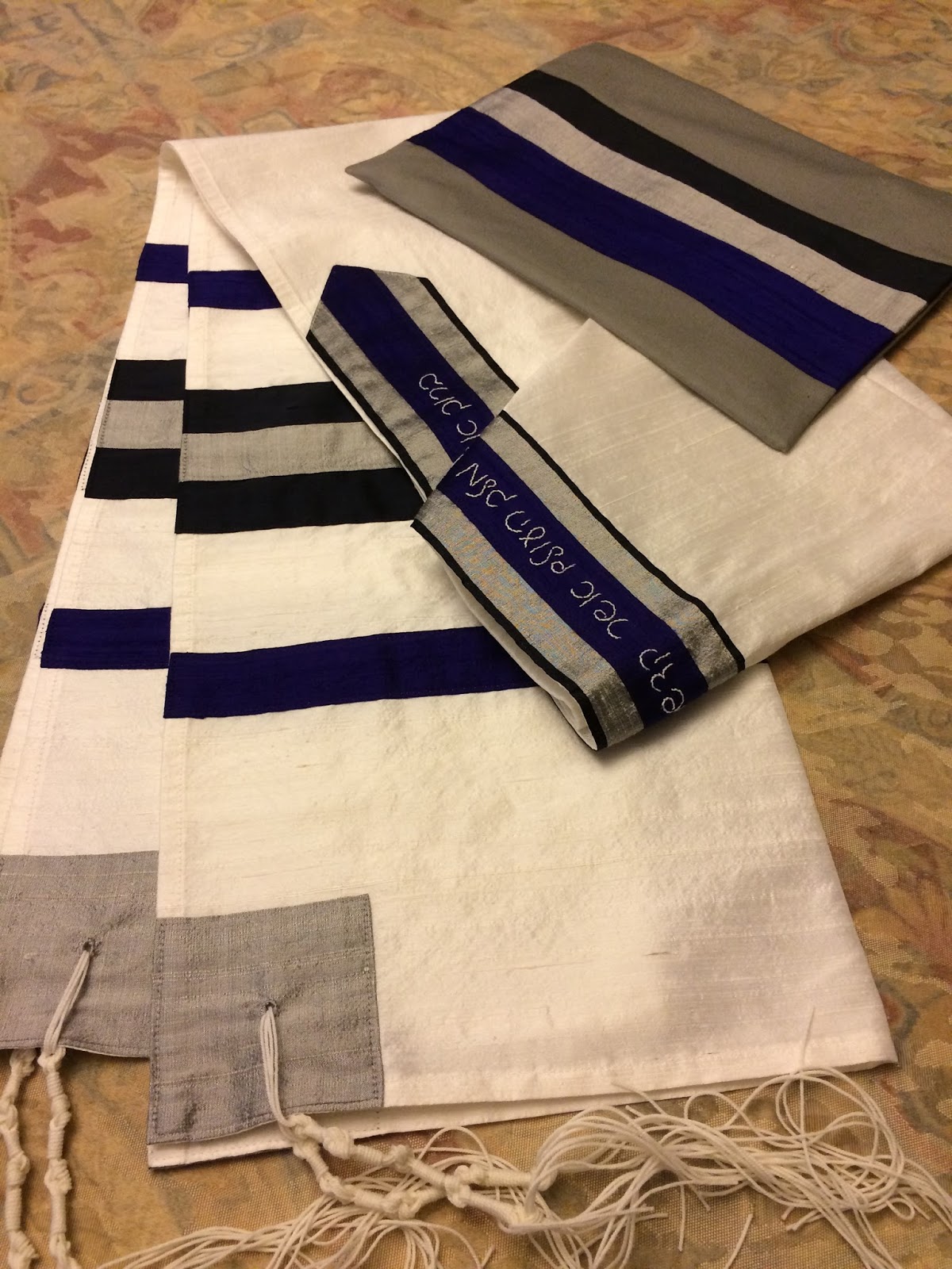 Custom Tallit: Purple, Navy, and Silver on White