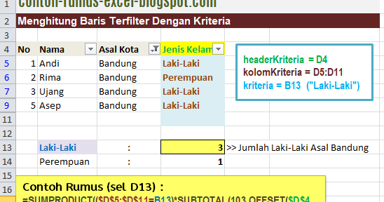 Contoh Rumus Excel Praktis: Menghitung Baris Terfilter Dengan Kriteria