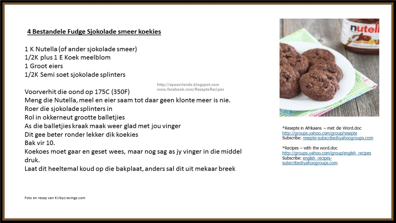 Lekker Resepte : 4 Bestandele fudge sjokoloade smeer (Nutella) koekies