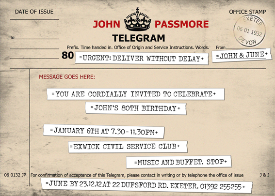 Queen Kwak: Illustration: 80th Birthday Telegram Invitation.