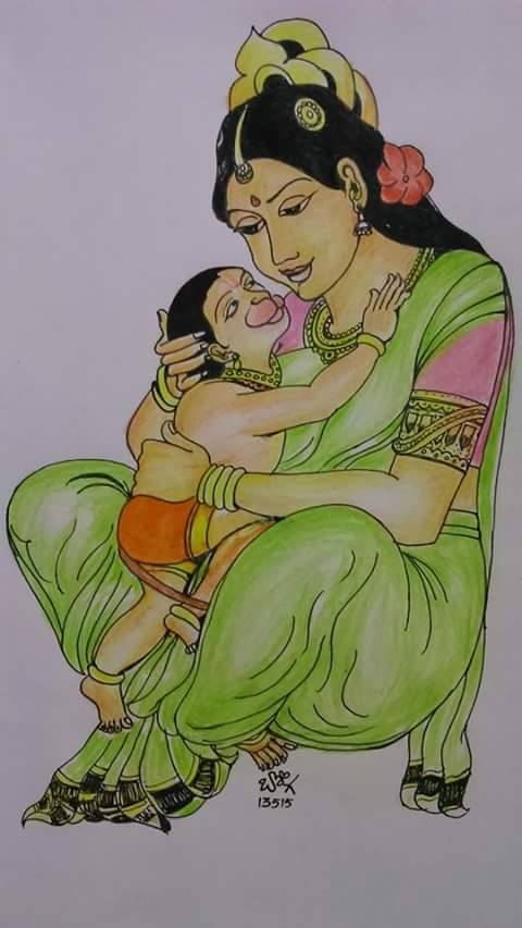 CHODAVARAMNET: LORD HANUMAN AS KID WITH HIS MOTHER ART PAINTING