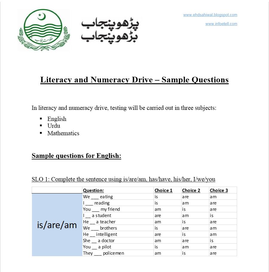 Literacy and Numeracy Drive – Sample Questions - Education Desk Sahiwal