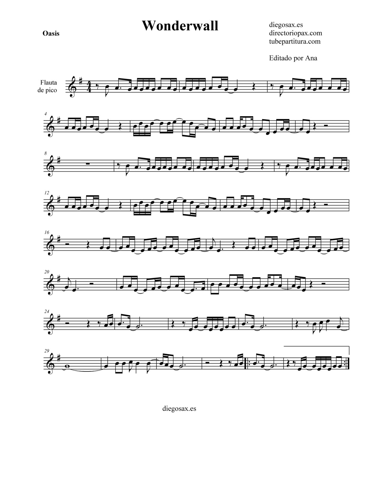 diegosax: Wonderwall de Oasis Partitura para Flauta, Saxofón Alto ...
