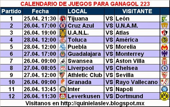 Quinielas.lev: Quiniela Ganagol 223 de México.