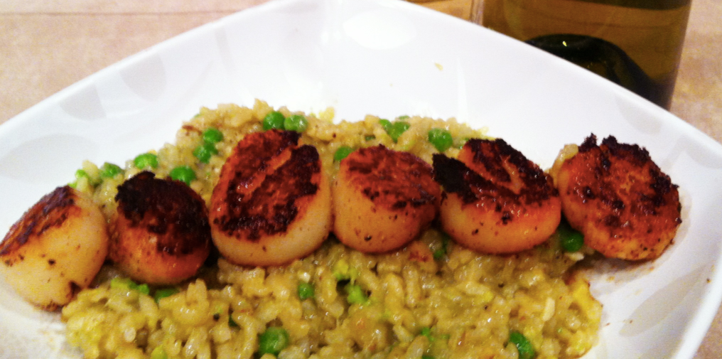 fatOWL: Pan Seared Scallop with Avocado and Peas Risotto