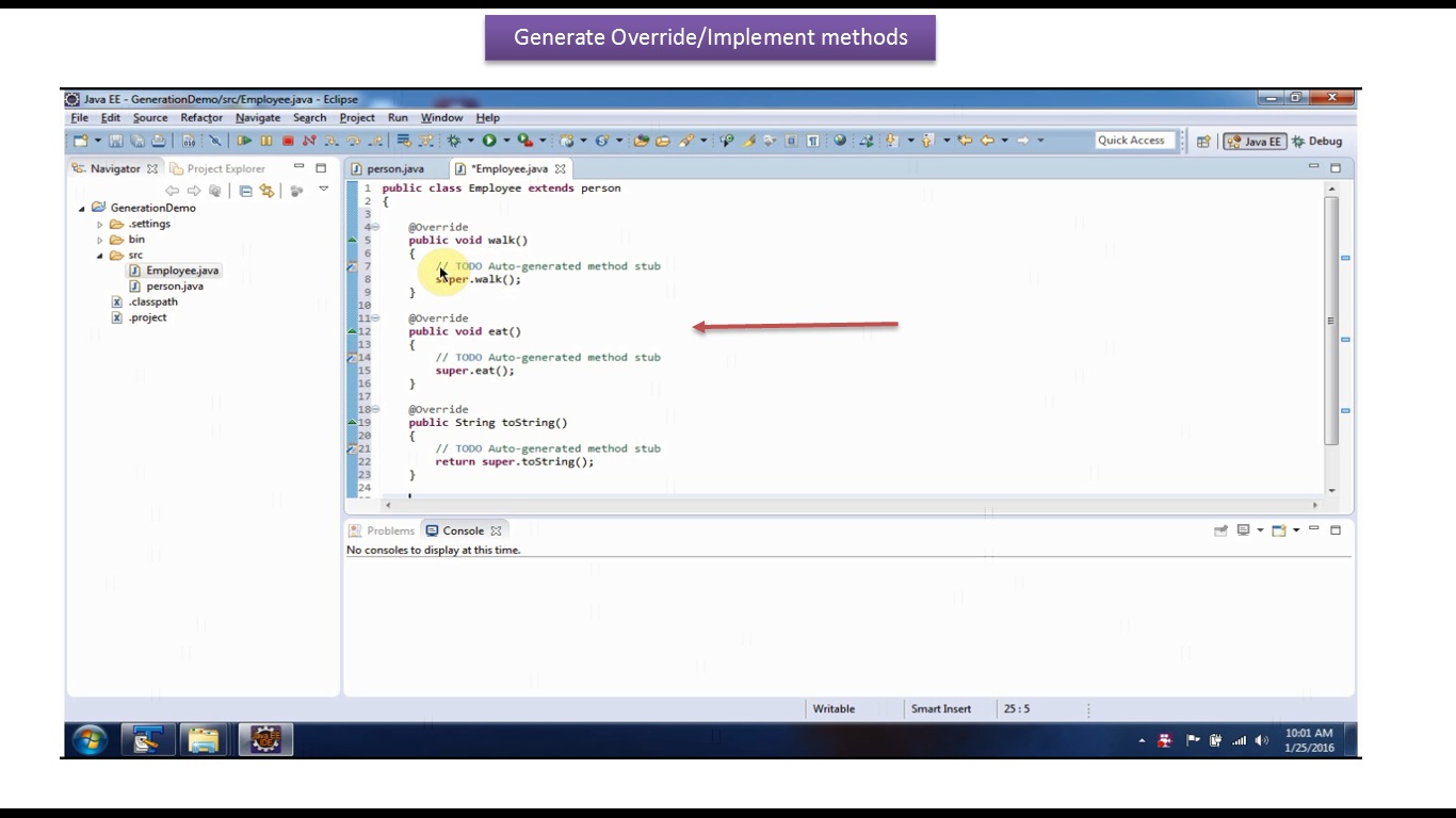 Java Ee Java Tutorial Generate Override Methods Using Eclipse