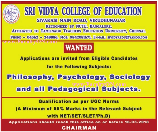 Sri Vidya College of Education, Virudhunagar, Wanted Assistant ...