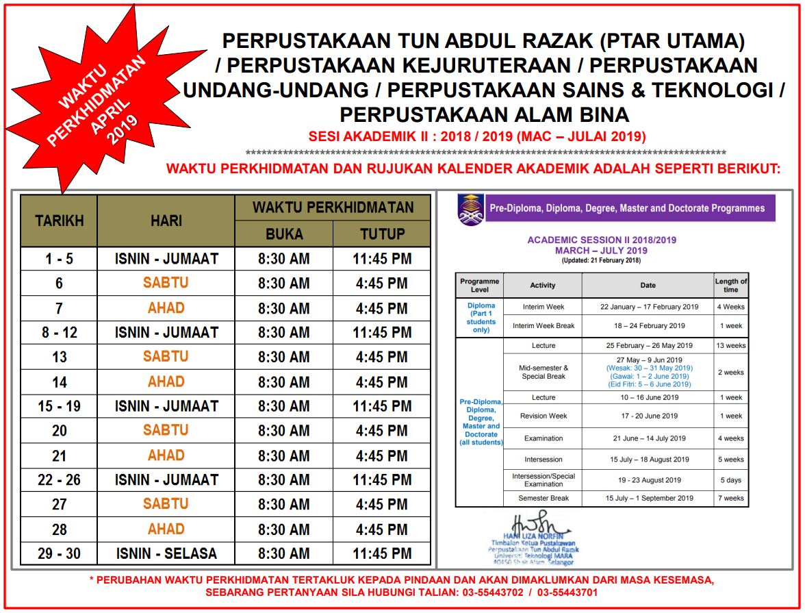 Notis Waktu Perkhidmatan PTAR bagi bulan April 2019 - Perpustakaan UiTM
