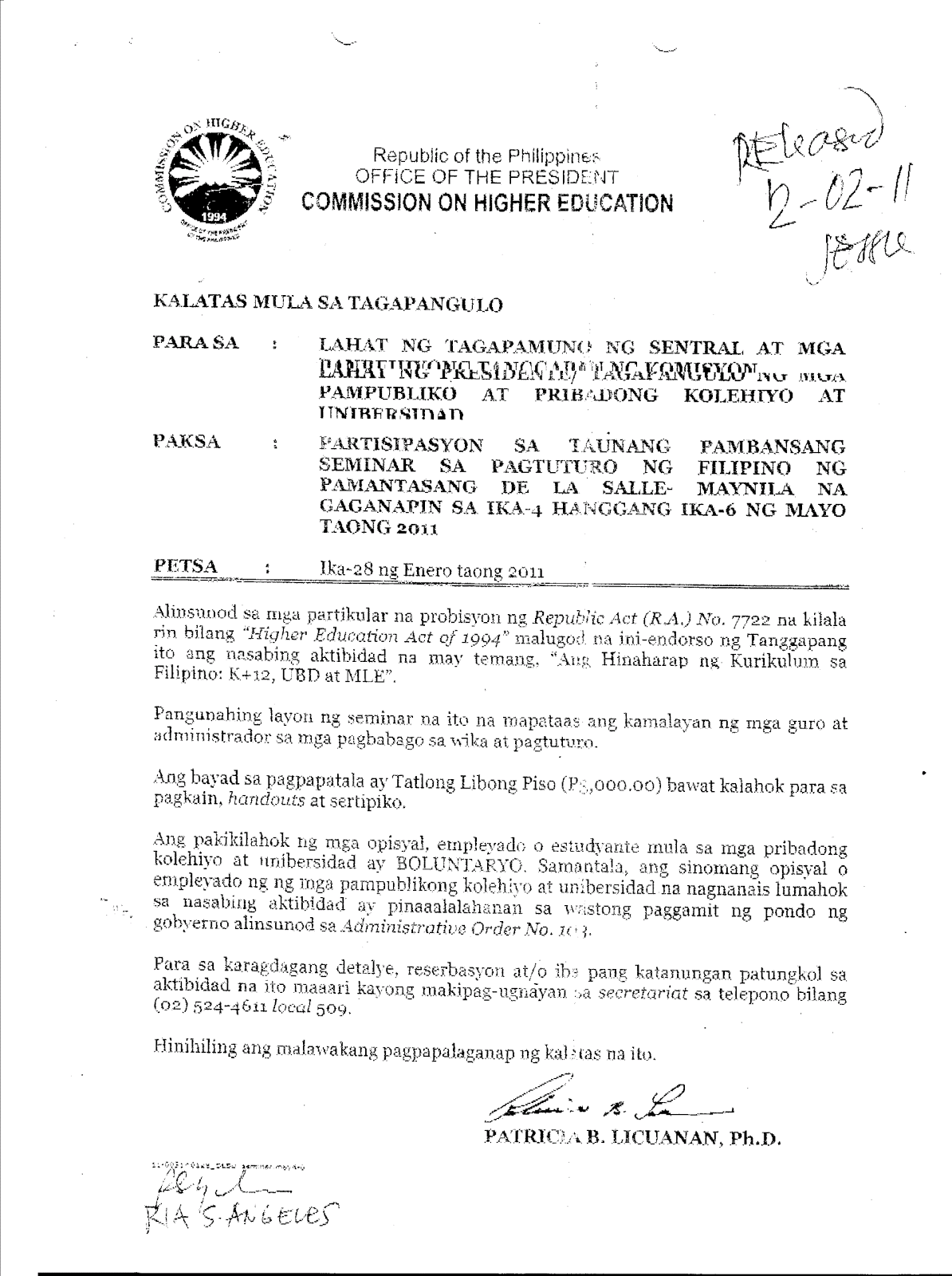 Pamantasang De La Salle Departamento ng Filipino: Memo mula sa CHED
