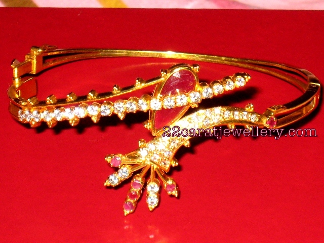 Bangle Type Gold Designer Bracelets with Rubys and Czs - Jewellery Designs