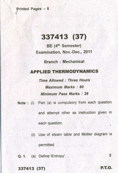 CSVTU Applied Thermodynamics BE MECH Nov Dec 2011 Question Paper ...