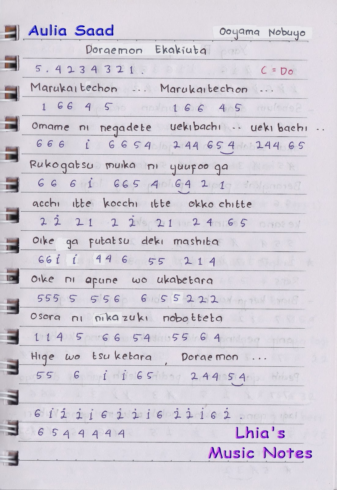 Not Angka : Ooyama Nobuyo - Doraemon Ekakiuta (Ost. Doraemon, Japan ...