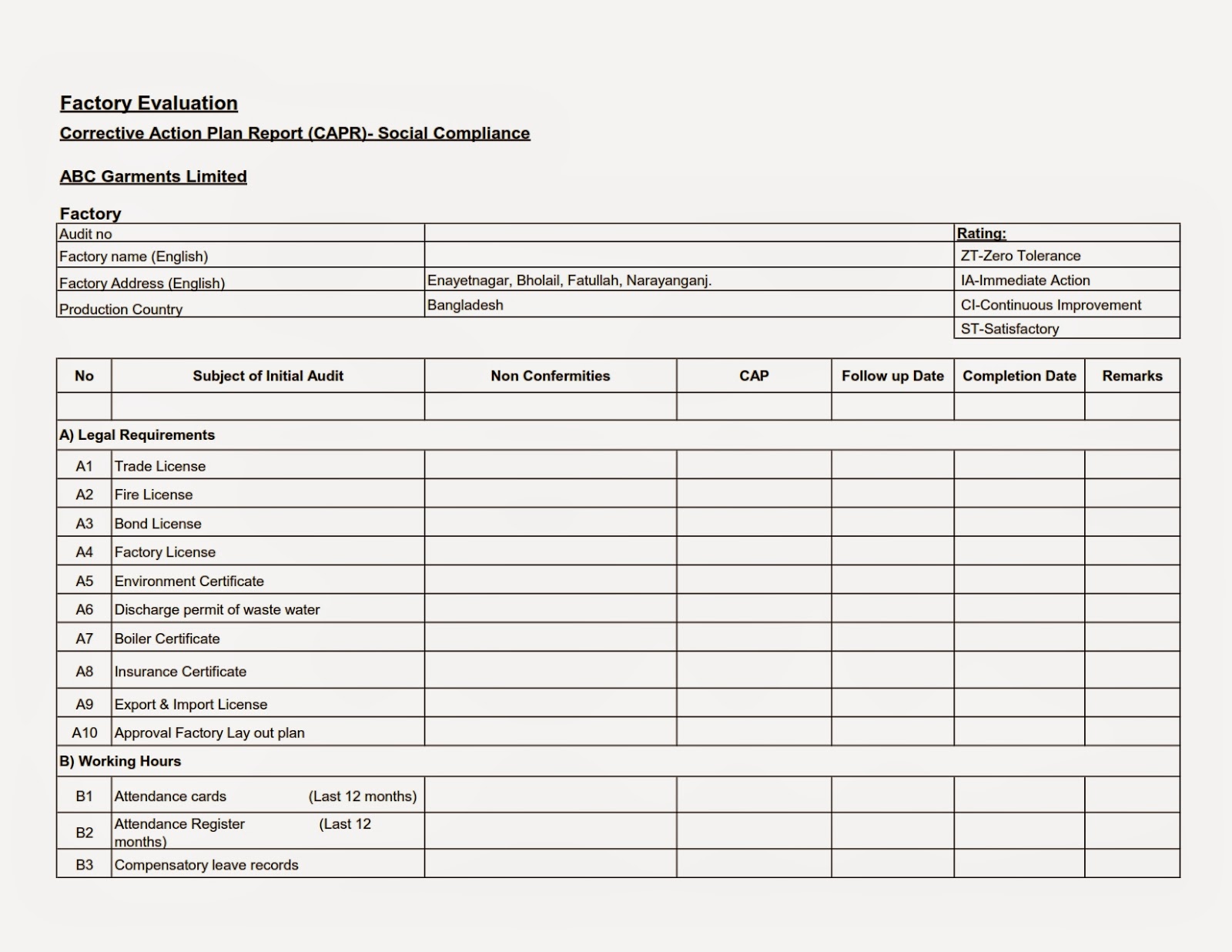 Bangladesh Labour Law: Internal Compliance Audit Report Form