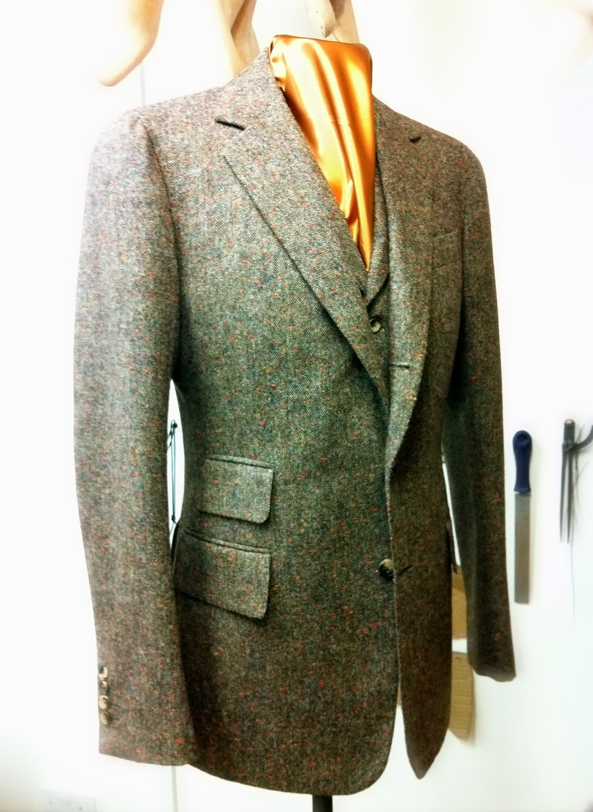 DAVIDE TAUB: Mid-Grey Herringbone Flannel DB 2-Piece Suit w/. High ...