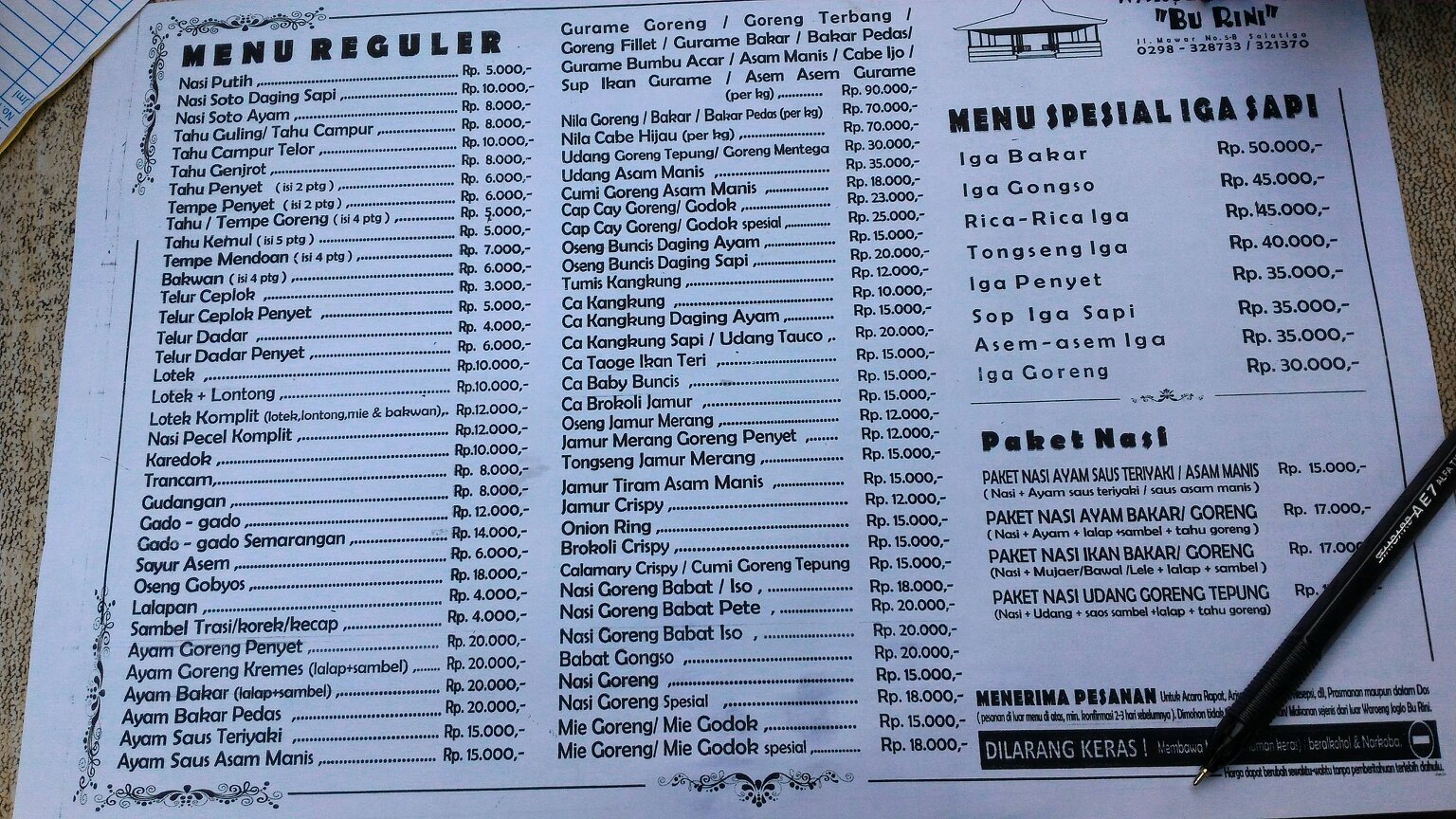 Daftar Menu Warung Joglo Bu Rini | Alamat Destinasi
