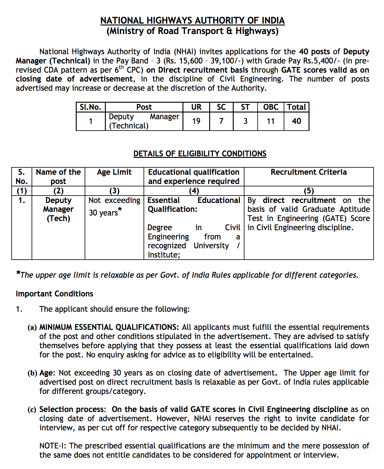 National Highways Authority of India Jobs Recruitment » 40 Posts available National Highways Authority of India Jobs Recruitment » 40 Posts available
