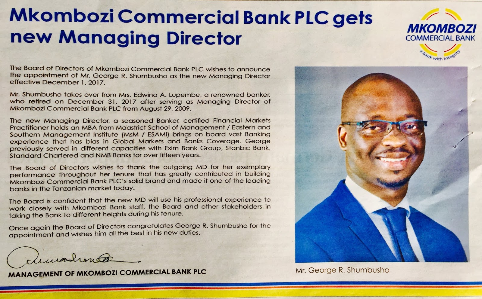 Kitomari Banking & Finance Blog: MKOMBOZI COMMERCIAL BANK PLC GETS NEW ...