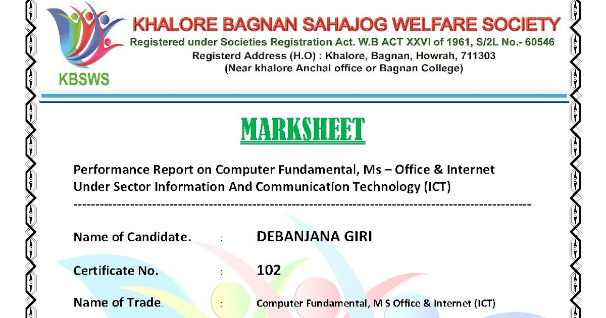SAMPLE MARKSHEET & CERTIFICATE - KBSWS GROUP