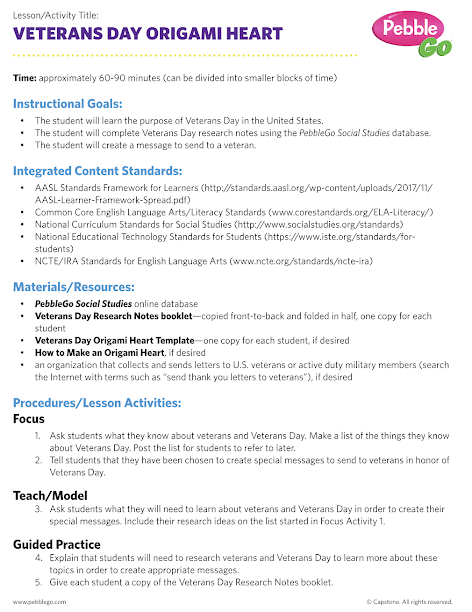 The Library Voice: PebbleGo Veterans Day Lesson Plan, Origami Heart ...