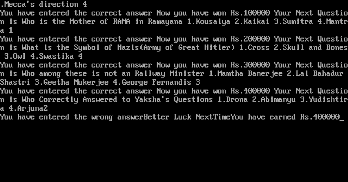 C Language: Kaun Banega Crorepati quiz game using c
