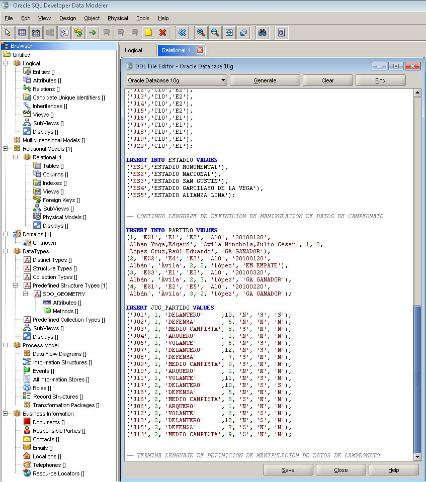 Base de Datos: DDL y DML de la BD Campeonato en SQL-Server, MySQL, PostgreSQL y Oracle