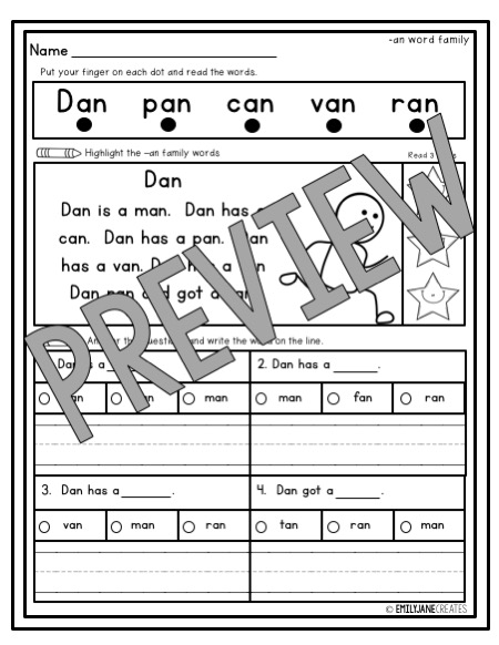 Emily Jane Creates: READING COMPREHENSION PASSAGES-CVC WORD FAMILY WORDS