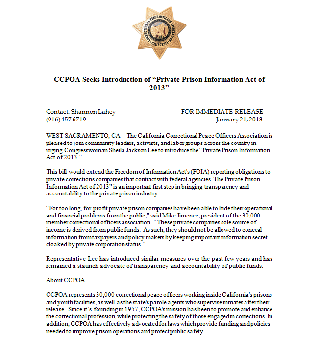 Private Prison Information Act of 2013: California Correctional Peace ...