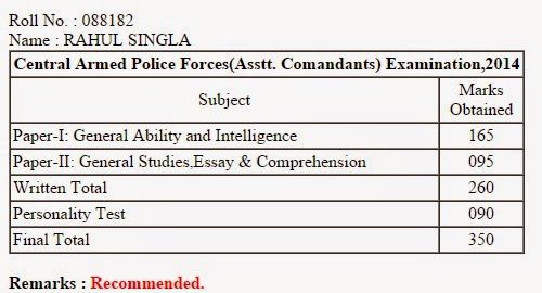 Central Armed Police Forces: MARK SHEET OF CAPF (AC) 2014 TOPPER,