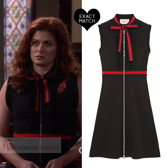 Grace Adler in black sleeveless dress with red bow on Will and Grace ...